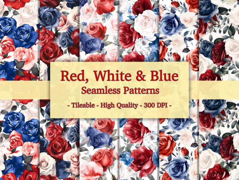 Red White and Blue Flowers Pattern, Patriotic Flowers for 4th of July ...