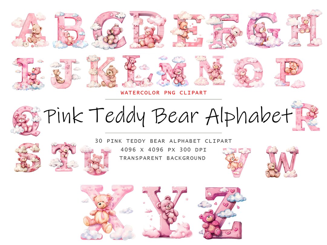 Pink Teddy Bear Alphabet, Letters Png, Alphabet Png, Instant Download ...