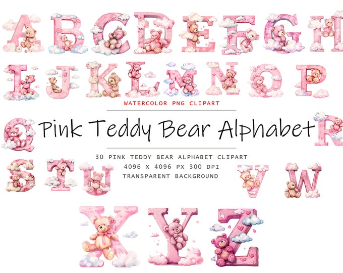 Pink Teddy Bear Alphabet, Letters Png, Alphabet Png, Instant Download ...