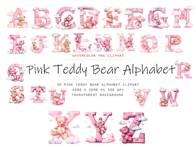 Pink Teddy Bear Alphabet, Letters Png, Alphabet Png, Instant Download ...