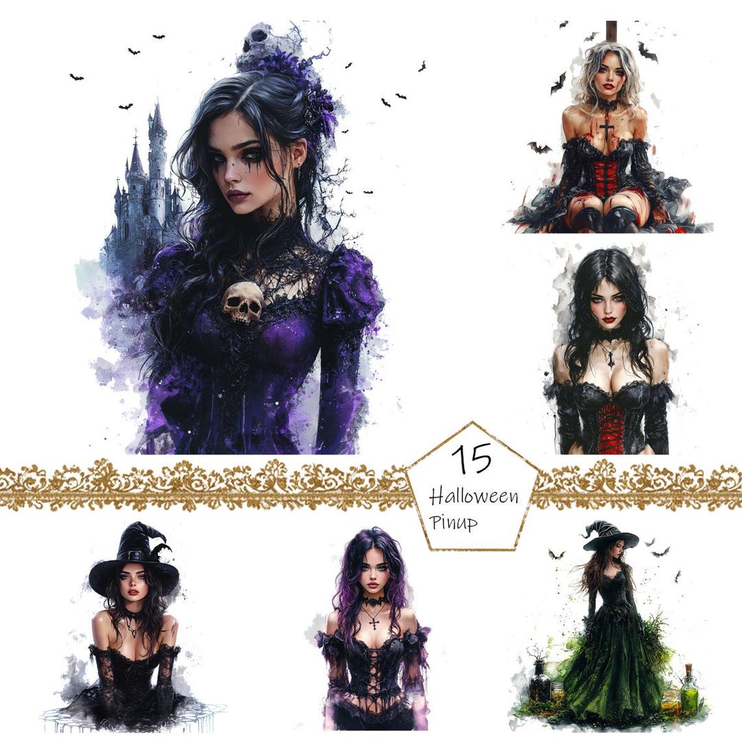 Watercolor Pin up Gothic Girls Clipart, 15 PNG Halloween Clip Art ...