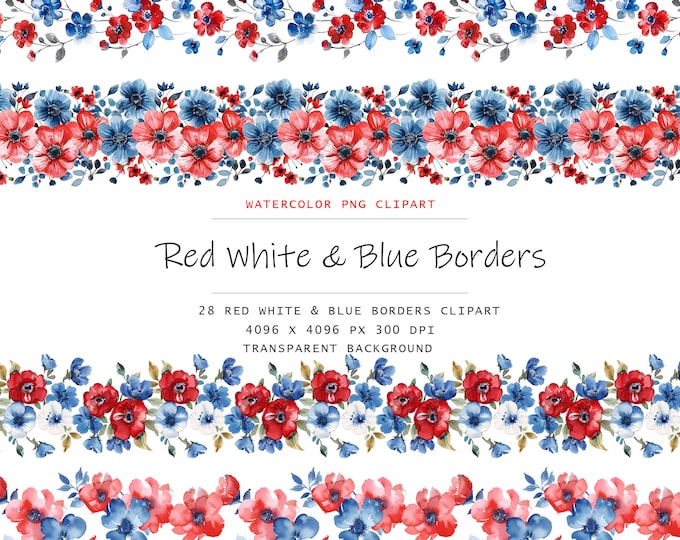 Red White Blue Flower Border Png and Pdf Printable Instant Download ...