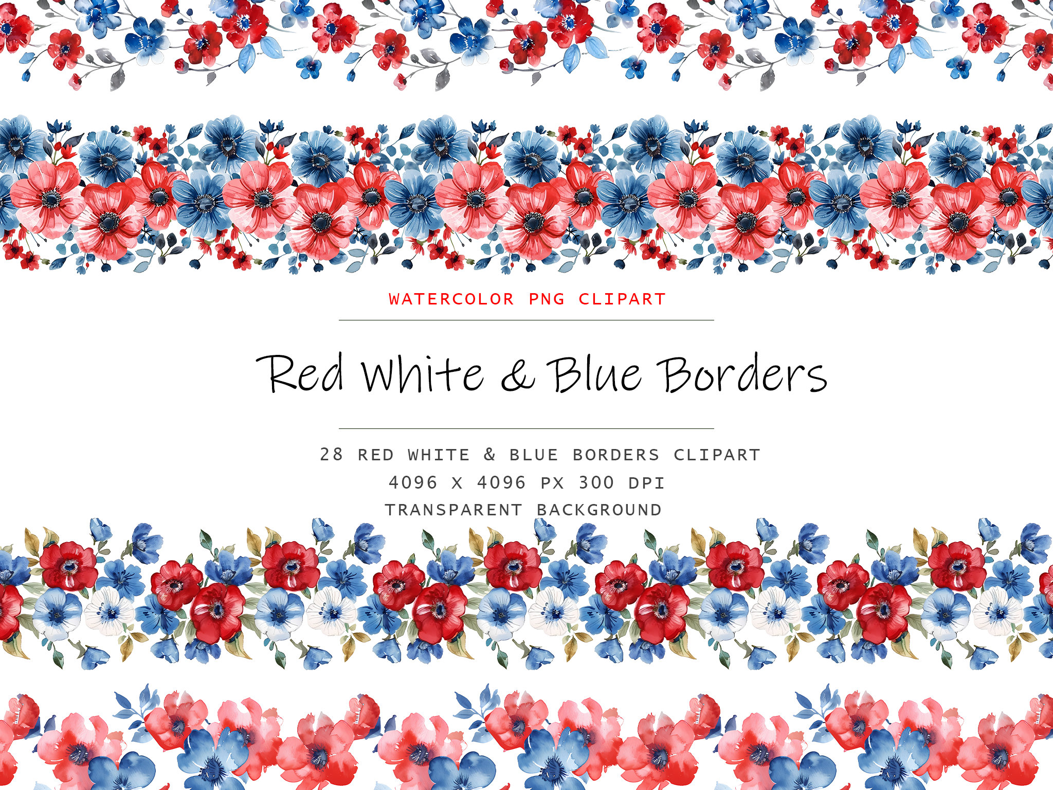 Watercolor Blue Red Flower Border Clipart, 28 PNG Red White and Blue ...