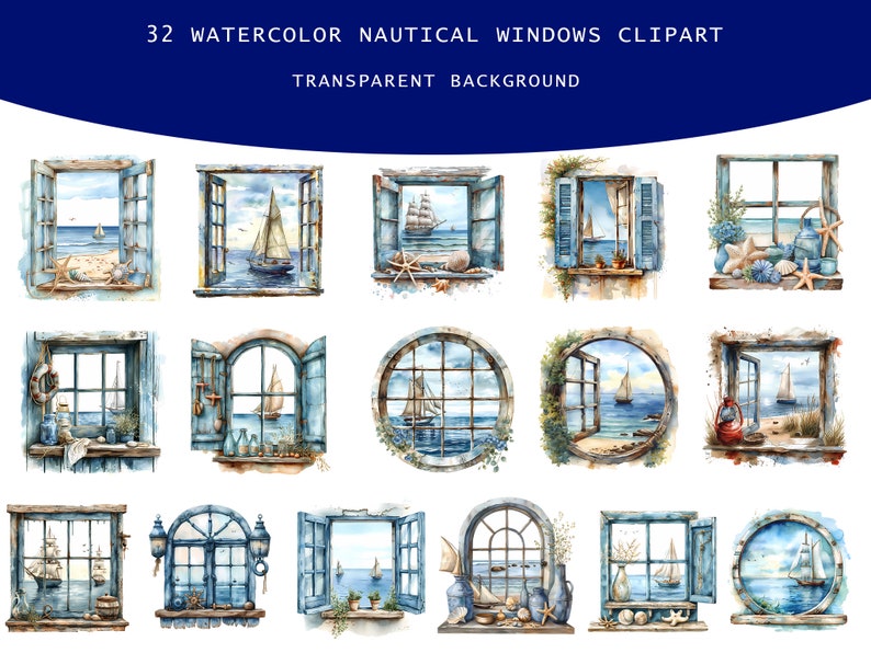 Watercolor Nautical Window Clipart, 10 High Quality JPEG and PNG Files ...