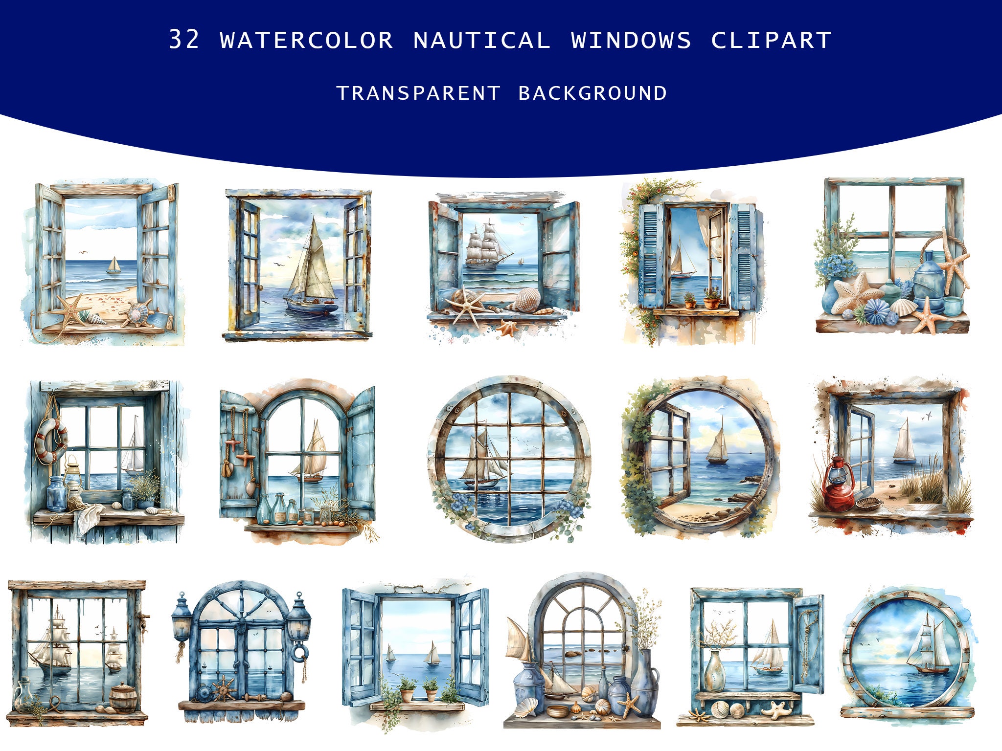 Watercolor Nautical Window Clipart, 10 High Quality JPEG and PNG Files ...