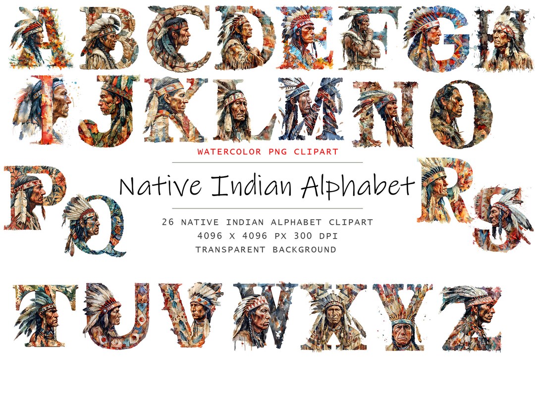 Watercolor Native American Alphabet Clipart, 26 PNG Indian Alphabet ...