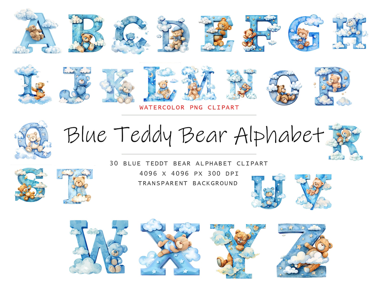 Blue Teddy Bear Alphabet, Letters Png, Alphabet Png, Instant Download ...