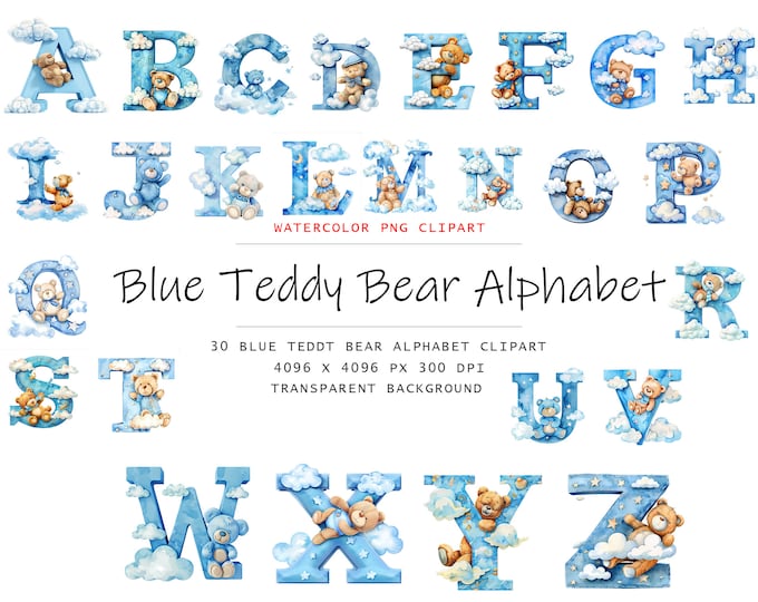 Blue Teddy Bear Alphabet, Letters Png, Alphabet Png, Instant Download ...