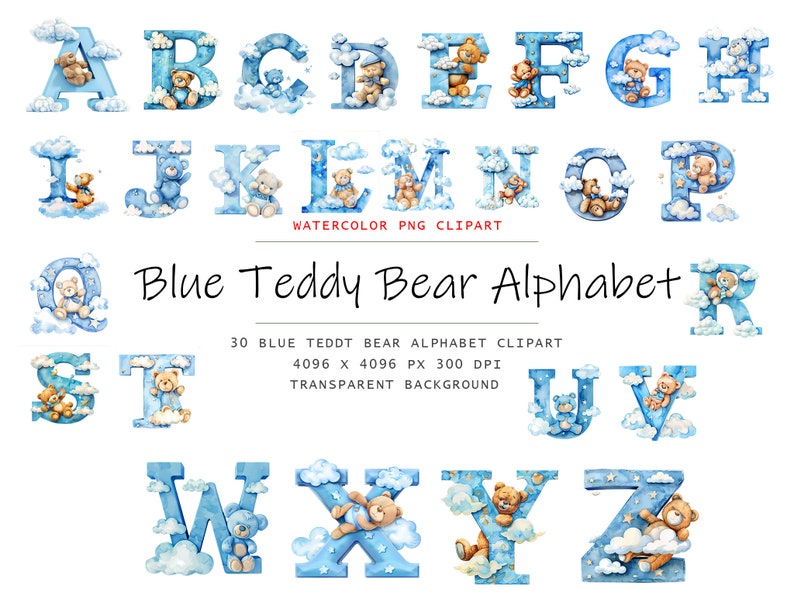 Blue Teddy Bear Alphabet, Letters Png, Alphabet Png, Instant Download ...