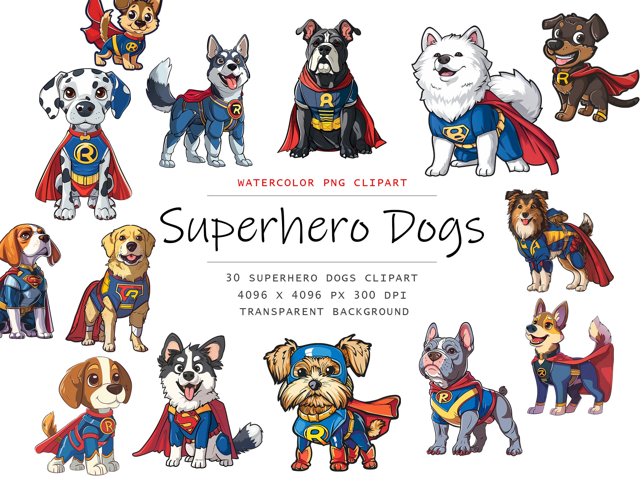 Watercolor Superhero Dogs Clipart, 30 PNG Superhero Dogs Clip Art ...
