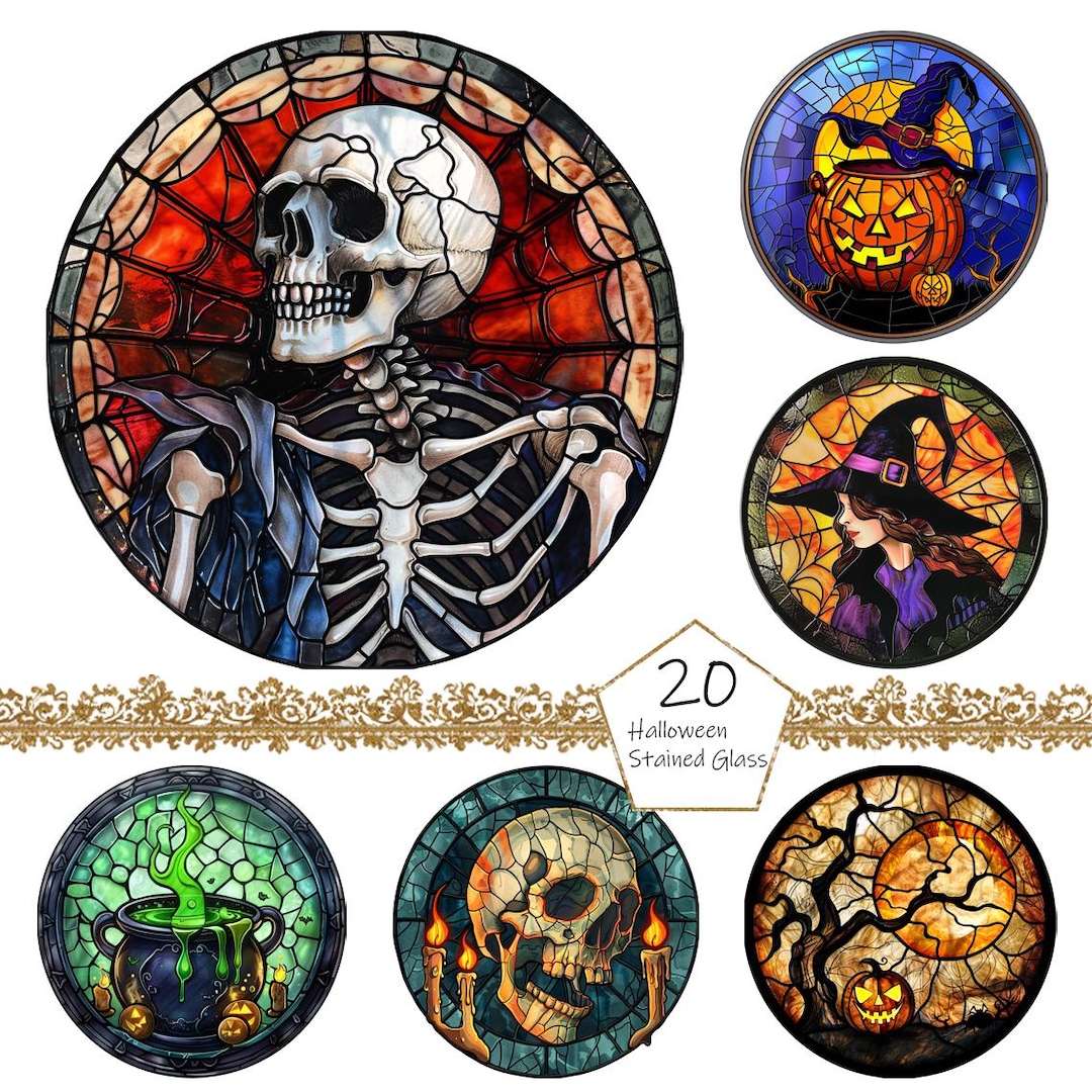 Stained Glass Halloween Clipart, 20 PNG Halloween Clip Art, Commercial ...