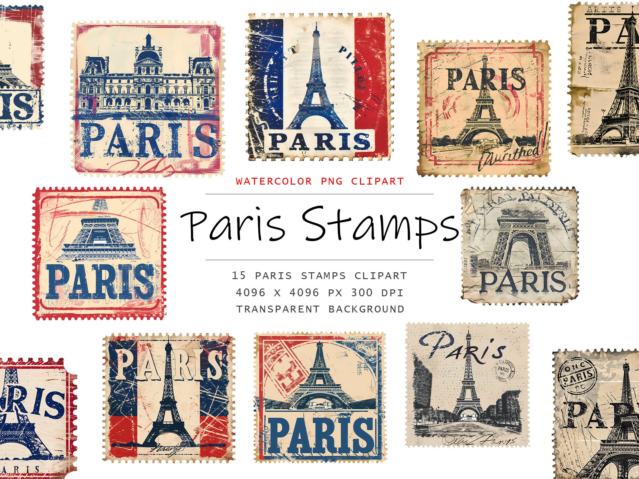 Vintage Paris Stamps Clipart, 15 PNG Paris Clip Art, Paris Clipart ...
