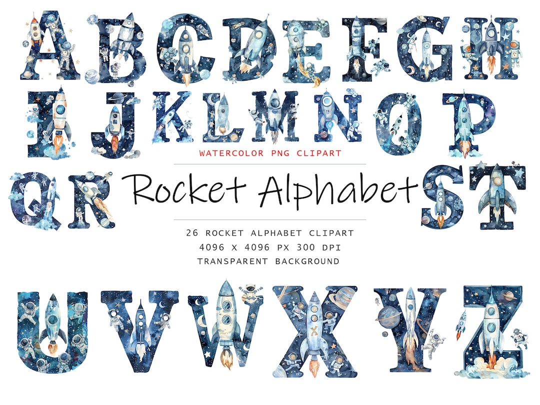Watercolor Rocket Alphabet Clipart, 26 PNG Rocket Alphabet Clip Art ...