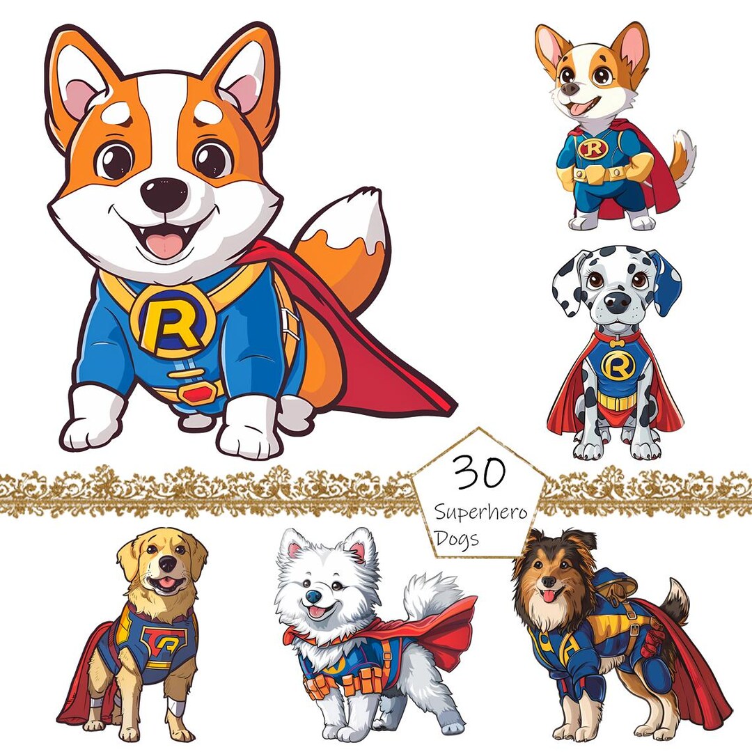 Watercolor Superhero Dogs Clipart, 30 PNG Superhero Dogs Clip Art ...