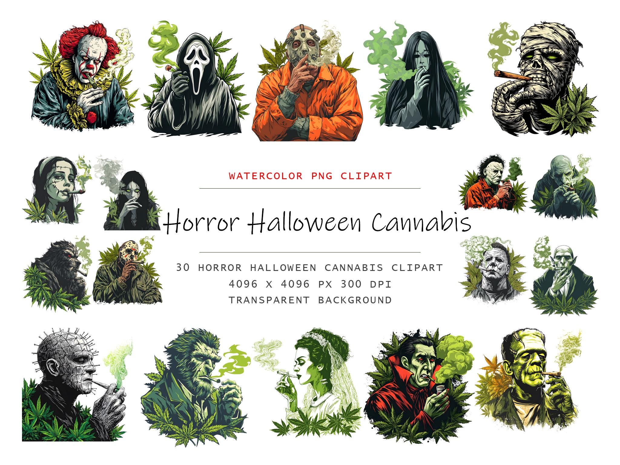 Horror Halloween Cannabis Clipart, 30 PNG Marijuana Clipart, Cannabis ...