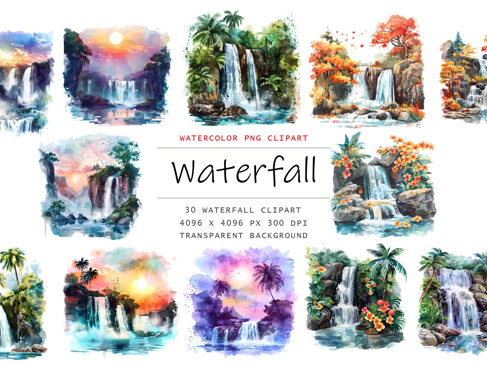 Watercolor Waterfalls Clipart, 30 PNG Spring Waterfall Clip Art ...