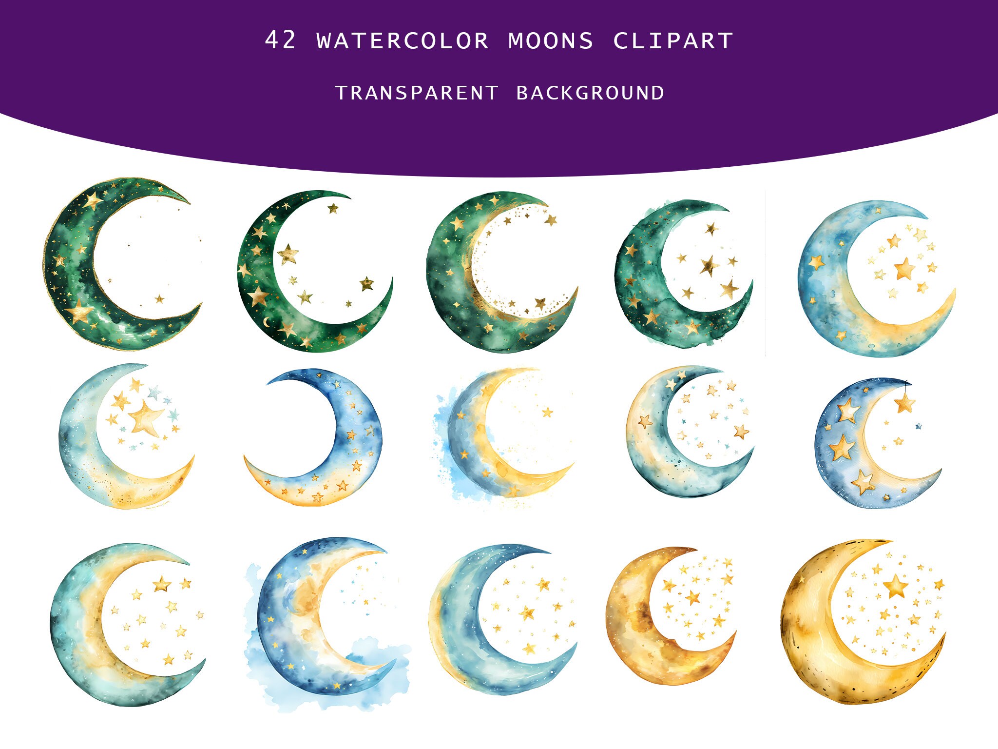 Dreamy Watercolor Moon Clipart- 42 Transparent Background PNG, Crescent ...