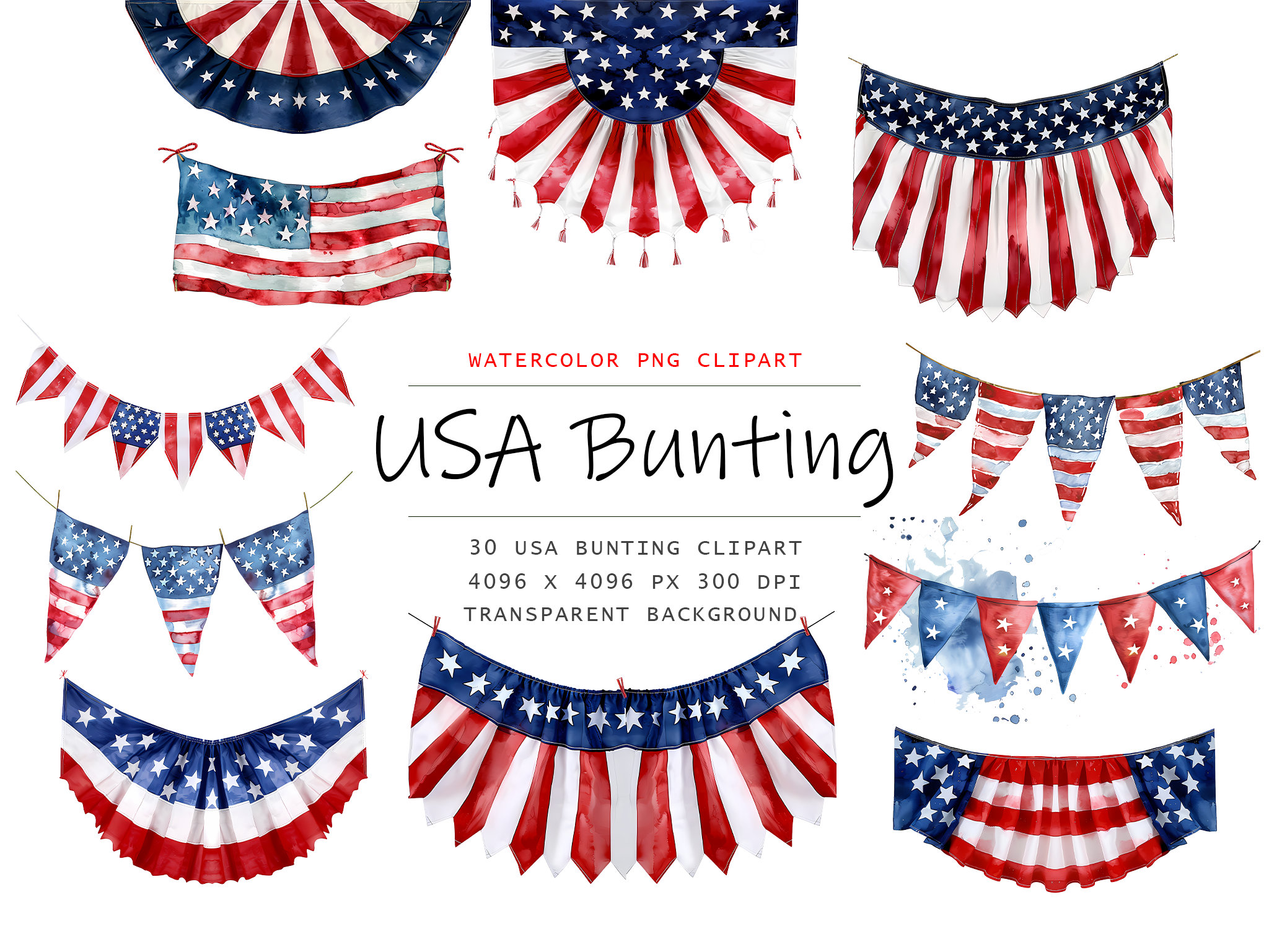 Watercolor USA Bunting Clipart, 30 PNG Usa Bunting Clip Art, Commercial ...