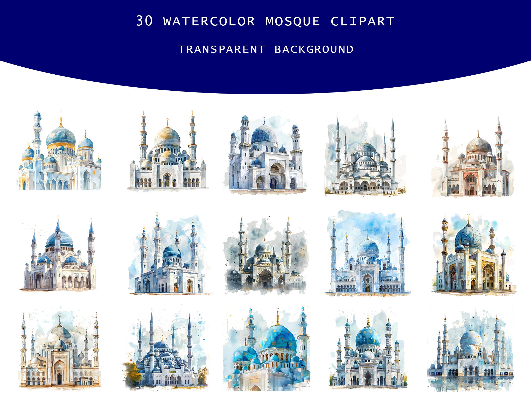 Watercolor Mosque Clipart, 30 PNG Mosque Clip Art, Commercial Use ...