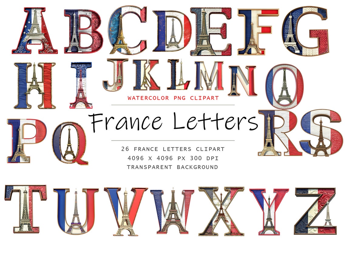 France Alphabet Clipart, 26 PNG France Clip Art, Watercolor France ...