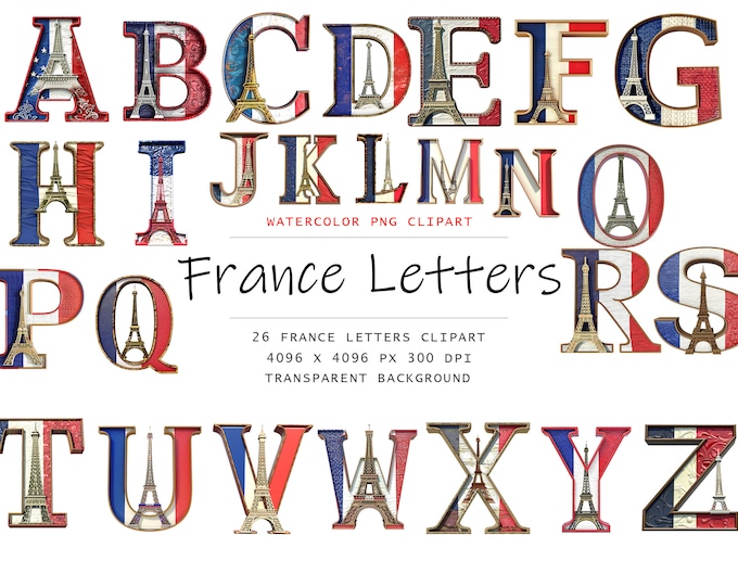 France Alphabet Clipart, 26 PNG France Clip Art, Watercolor France ...