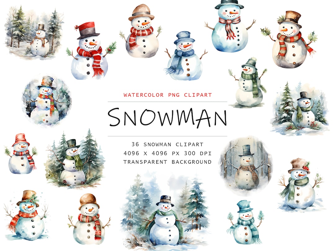 Watercolor Snowman Clipart - Cute Snow Christmas Snowmen Clip Art PNG ...