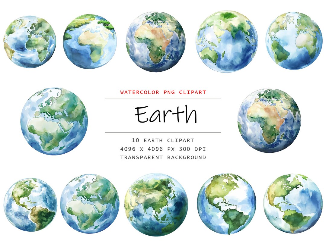 Watercolor Earth Clipart, 10 PNG Earth Day Clip Art, Commercial Use ...