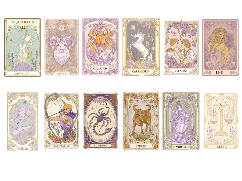Vintage Pastel Zodiac Cards, 12 PNG Zodiac Png Art, Commercial Use ...
