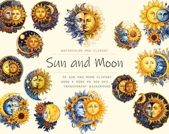 Sun and Moon Clipart, Celestial Clipart Bundle, Watercolor Sun Clip Art ...