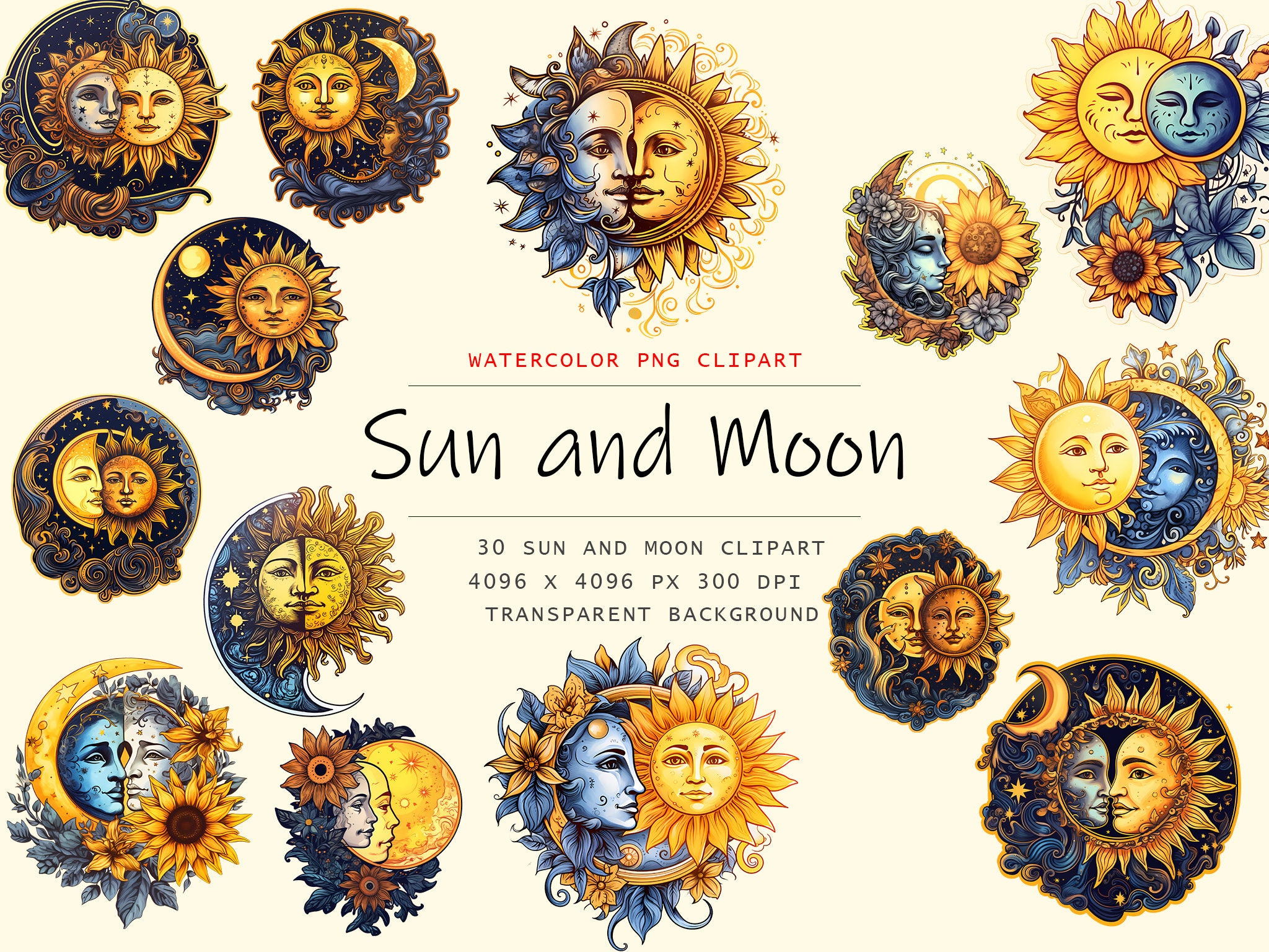 Sun and Moon Clipart, Celestial Clipart Bundle, Watercolor Sun Clip Art ...
