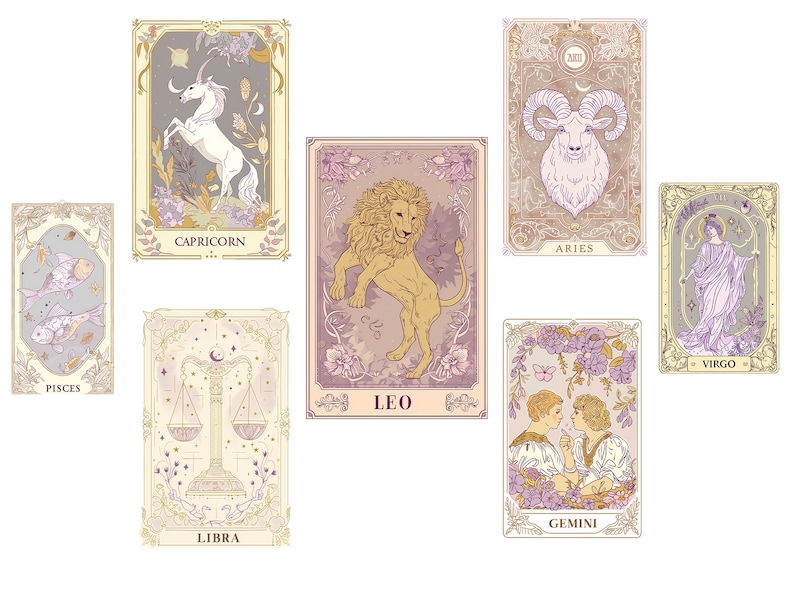 Vintage Pastel Zodiac Cards, 12 PNG Zodiac Png Art, Commercial Use ...