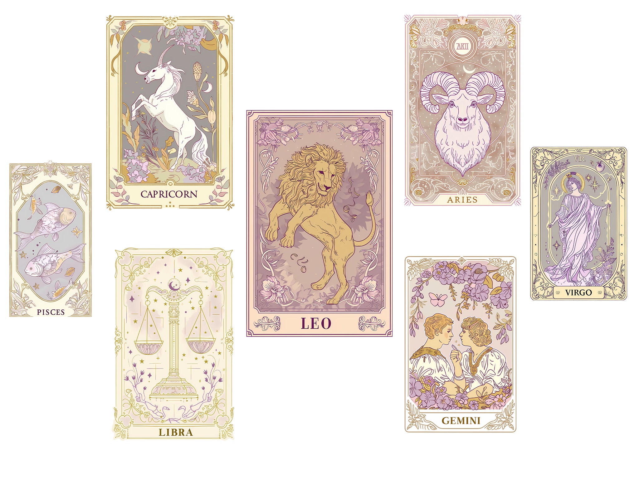 Vintage Pastel Zodiac Cards, 12 PNG Zodiac Png Art, Commercial Use ...