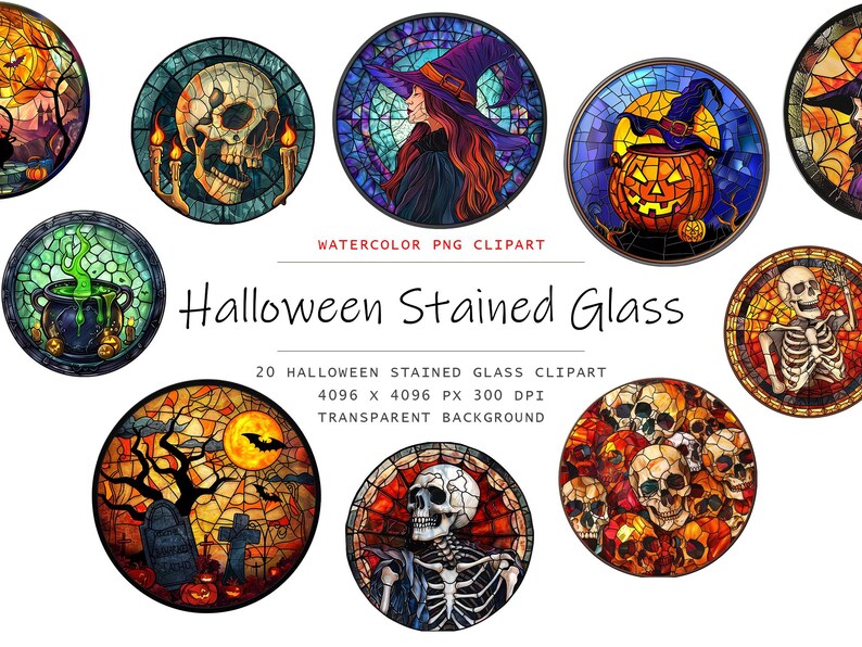 Stained Glass Halloween Clipart, 20 PNG Halloween Clip Art, Commercial ...