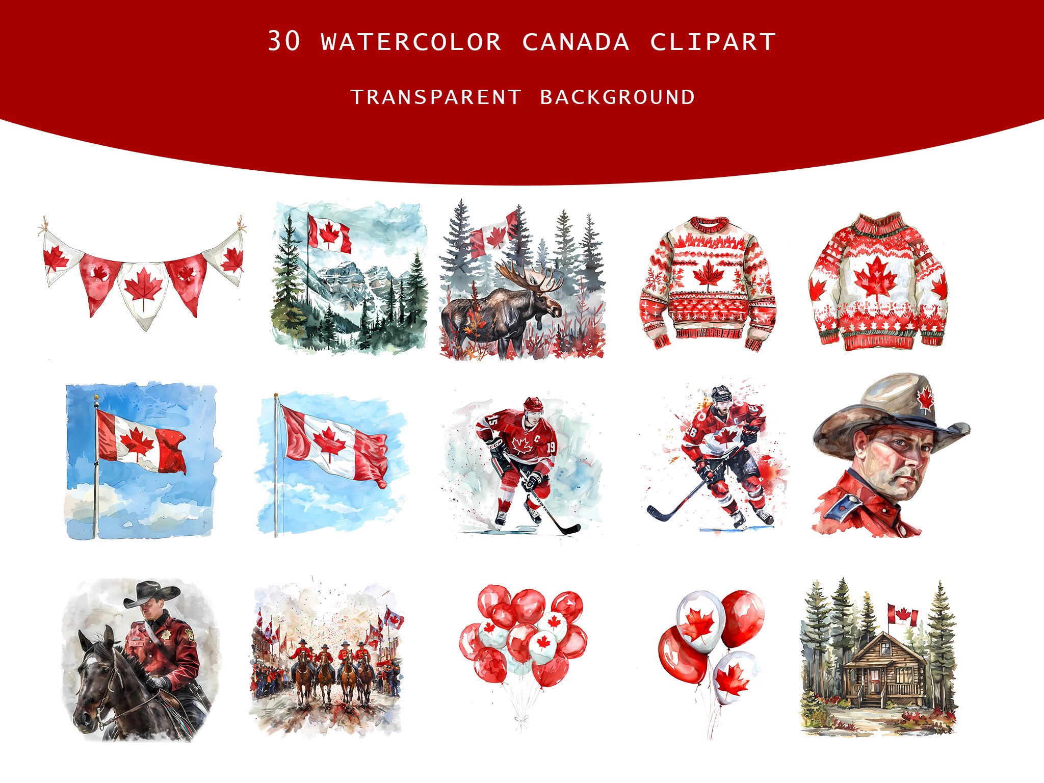 Watercolor Canada Day Clipart, 30 PNG Canada Day Clip Art, Commercial ...