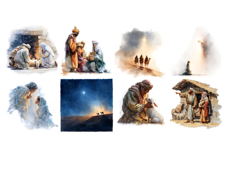 Watercolor Nativity Clipart, 32 PNG Bible Clip Art, Commercial Use ...