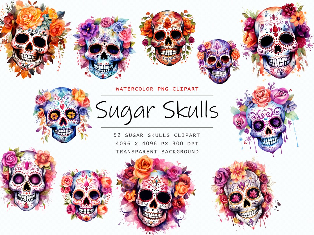Watercolor Sugar Skull Clipart, Watercolor Clipart,skulls With Flowers ...