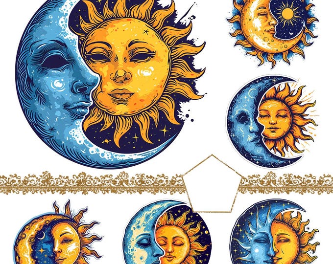 Sun and Moon Clipart, Celestial Clipart Bundle, Watercolor Sun Clip Art ...