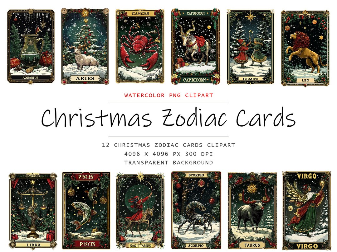 Christmas Zodiac Cards, 12 PNG Zodiac Png Art, Commercial Use, Zodiac ...