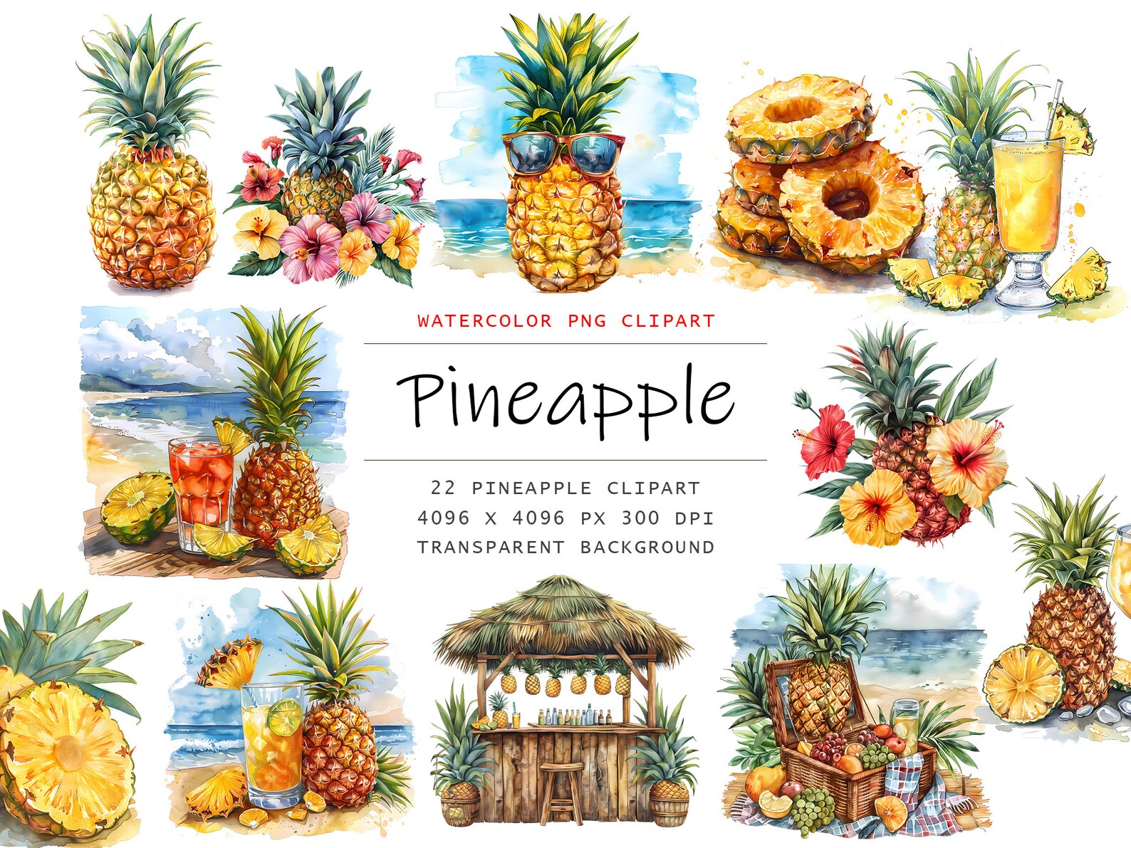 Watercolor Pineapple Clipart, 22 PNG Pineapple Clip Art, Commercial Use ...