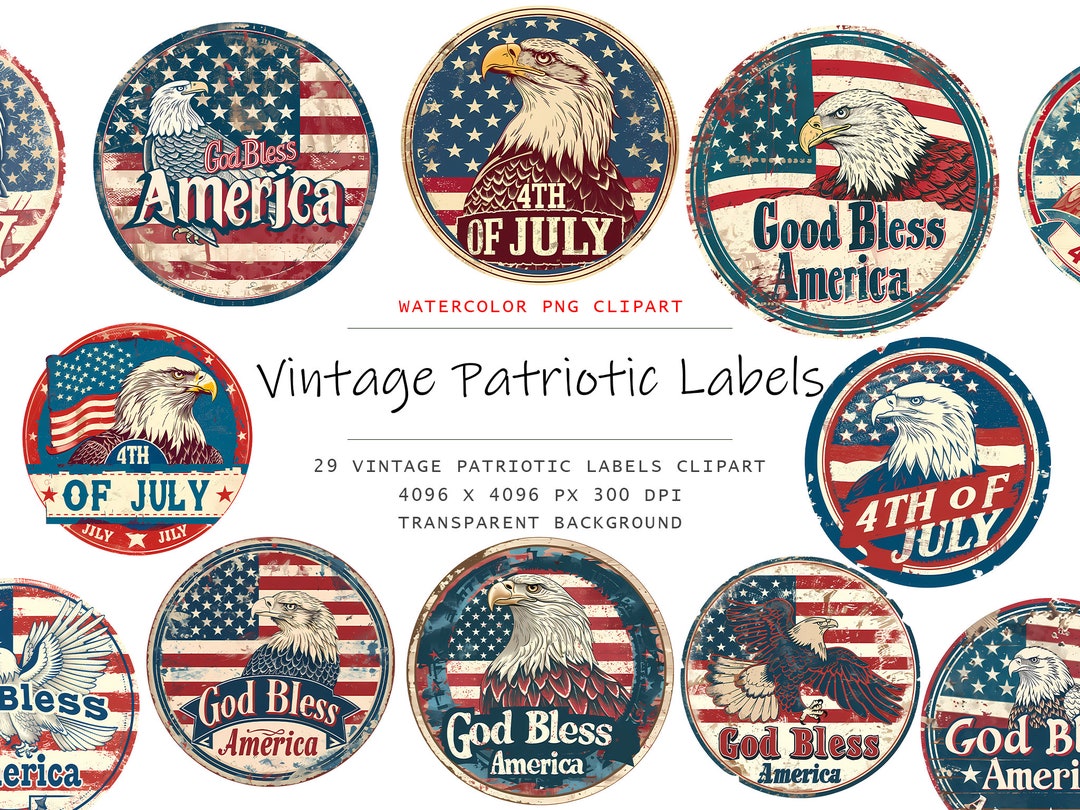 Vintage 4th of July Clipart Labels, 29 PNG Patriotic Png Art ...