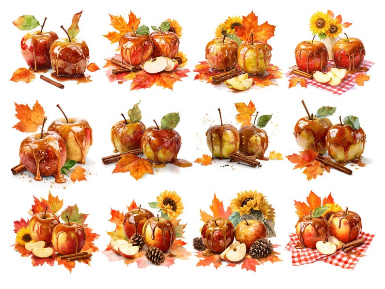 Watercolor Caramel Apples Clipart, 30 PNG Apple Clip Art, Sweet Treat ...