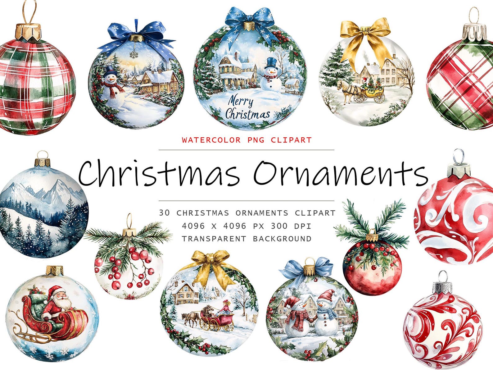 Watercolor Christmas Ornaments Clipart, 30 PNG Glass Baubles Clip Art ...