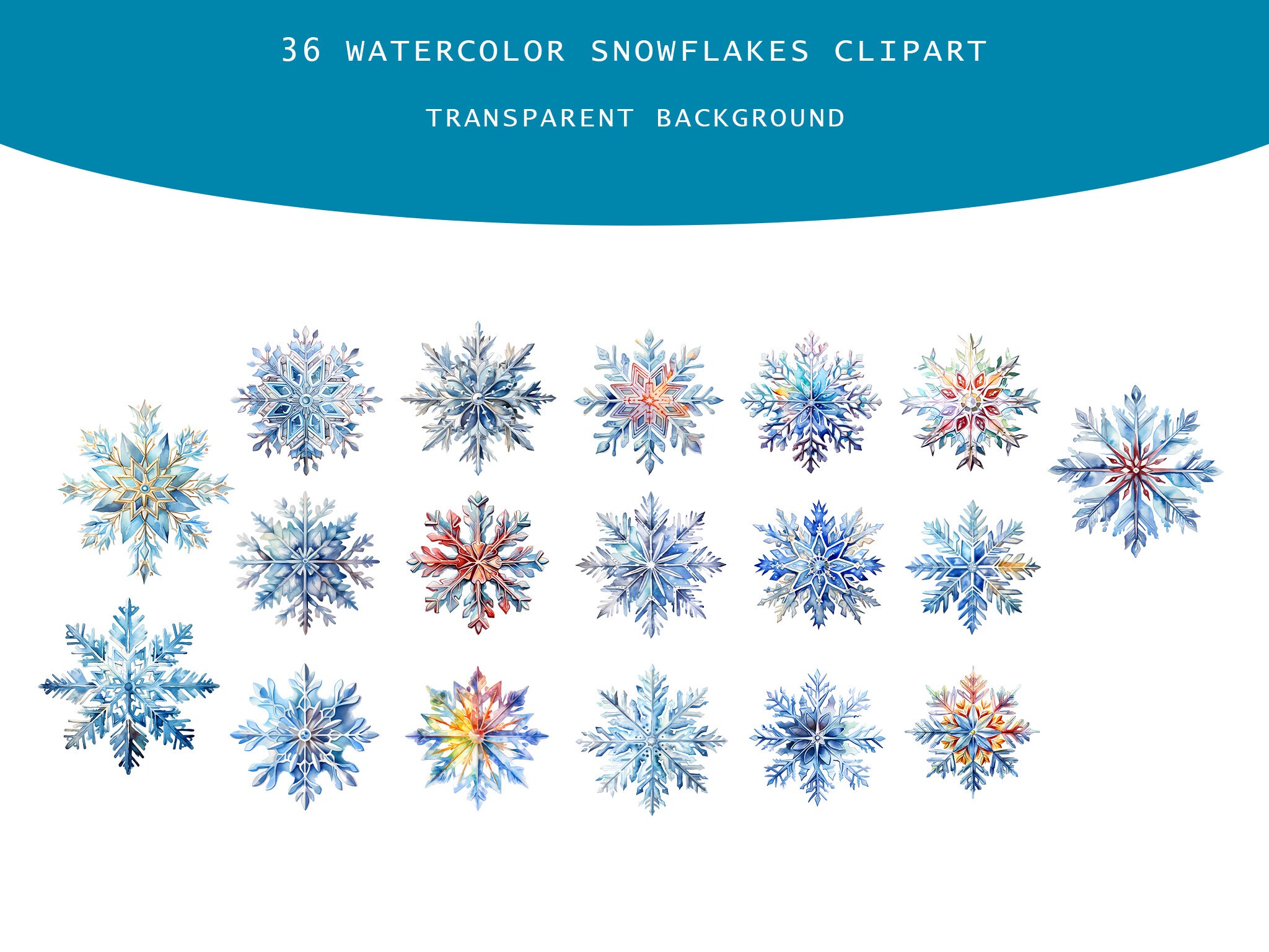 Watercolor Snowflake Clipart, Digital Snowflakes Christmas Clipart ...