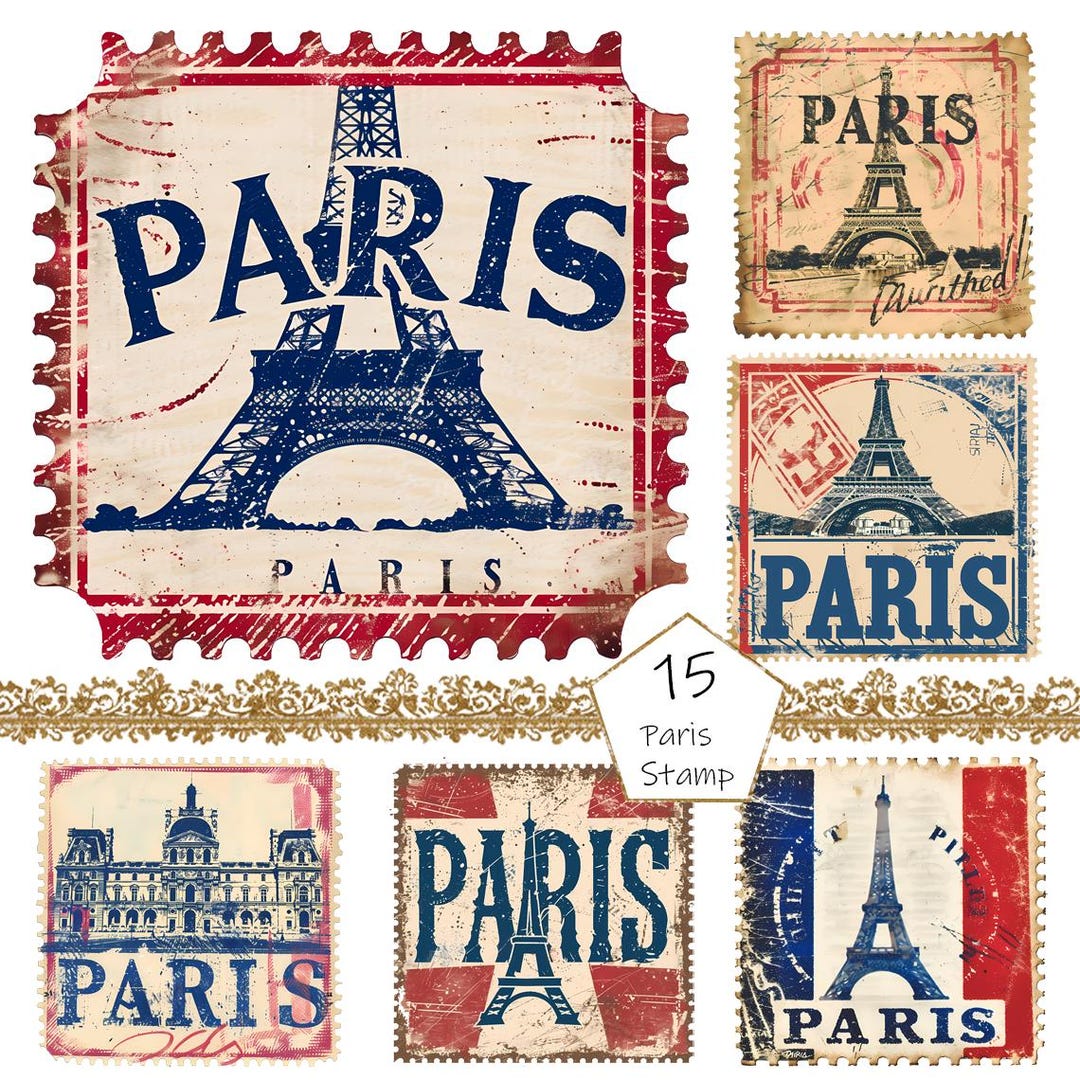 Vintage Paris Stamps Clipart, 15 PNG Paris Clip Art, Paris Clipart ...