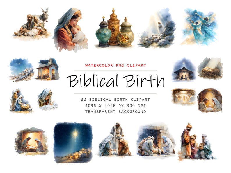 Watercolor Nativity Clipart, 32 PNG Bible Clip Art, Commercial Use ...