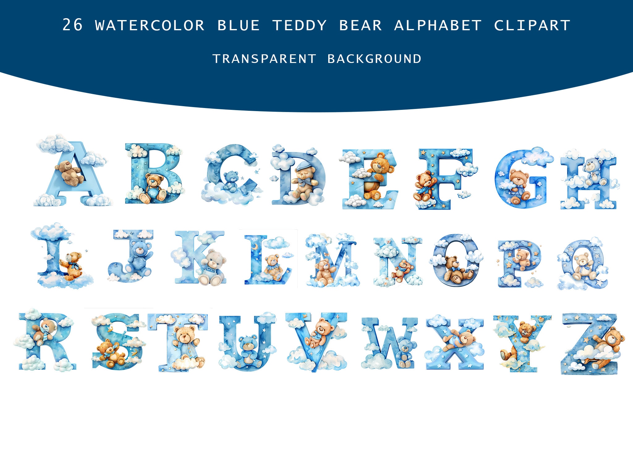 Blue Teddy Bear Alphabet, Letters Png, Alphabet Png, Instant Download ...