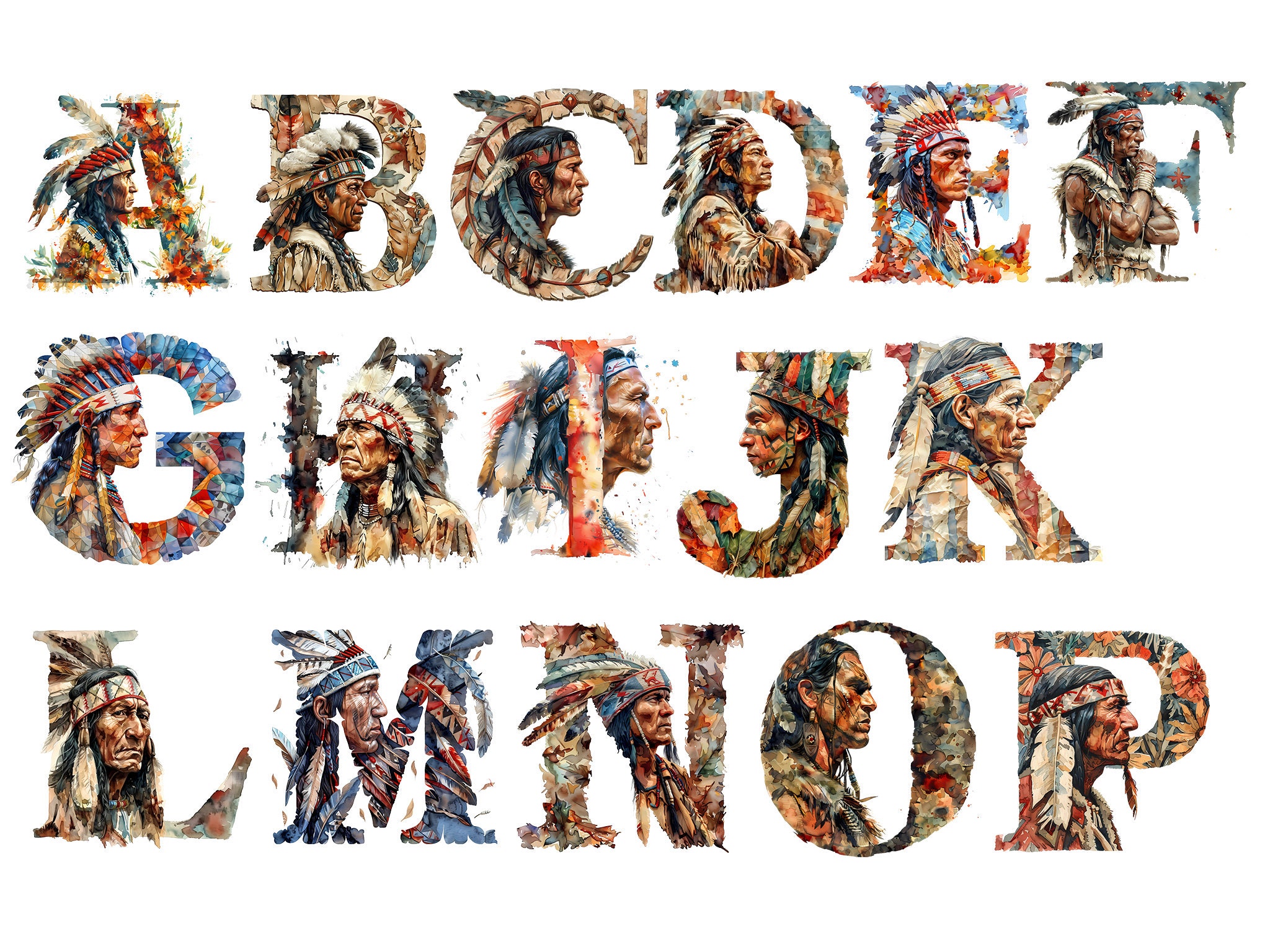 Watercolor Native American Alphabet Clipart, 26 PNG Indian Alphabet ...