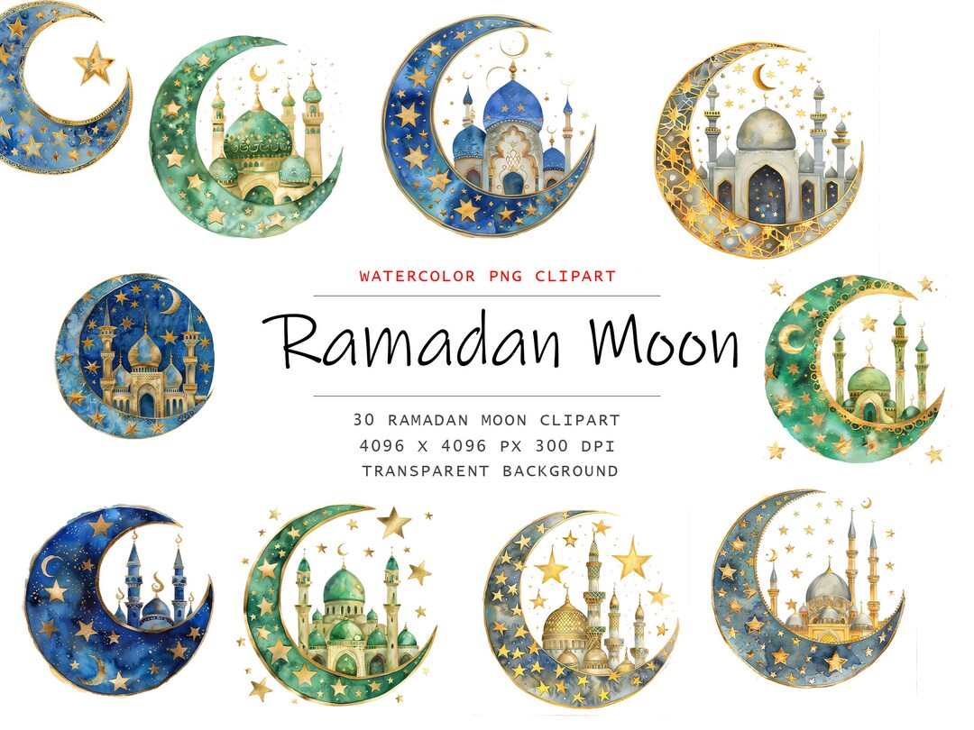 Watercolor Ramadan Moon Clipart,30 PNG Ramadan Moon Clip Art,muslim ...