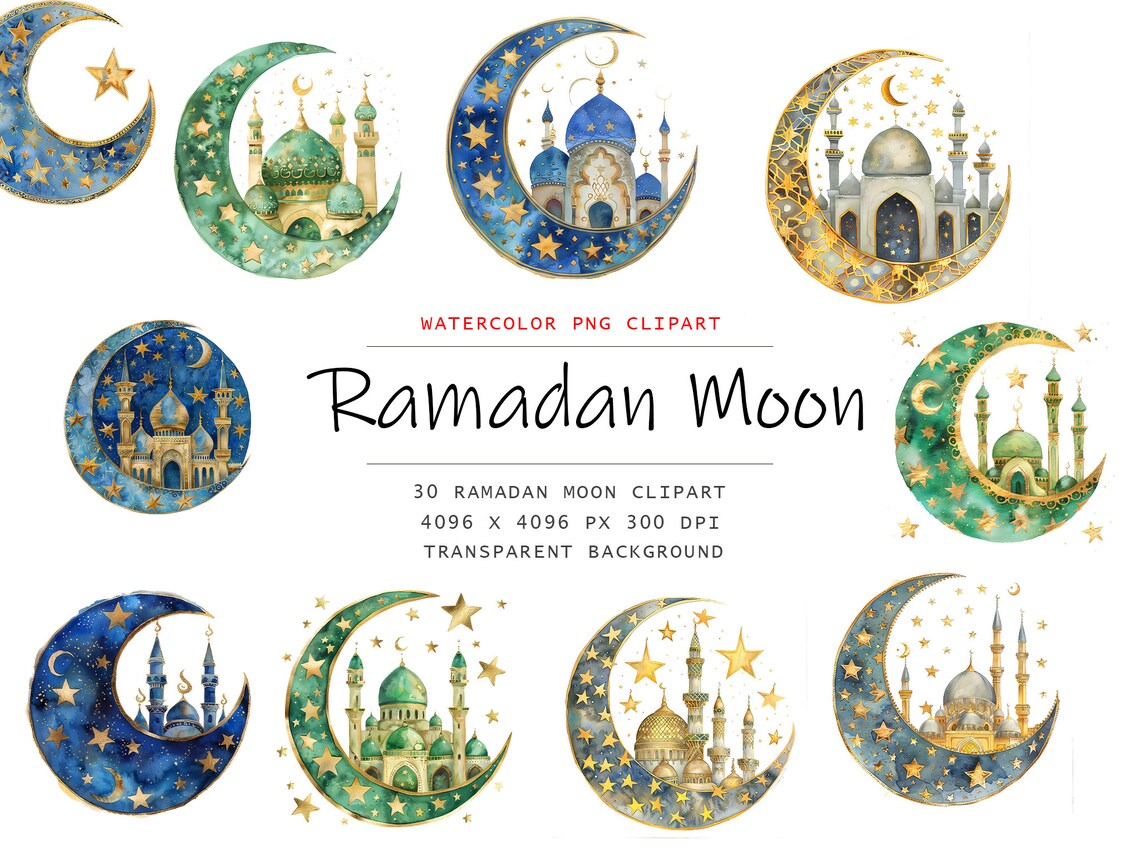 Watercolor Ramadan Moon Clipart,30 PNG Ramadan Moon Clip Art,muslim ...