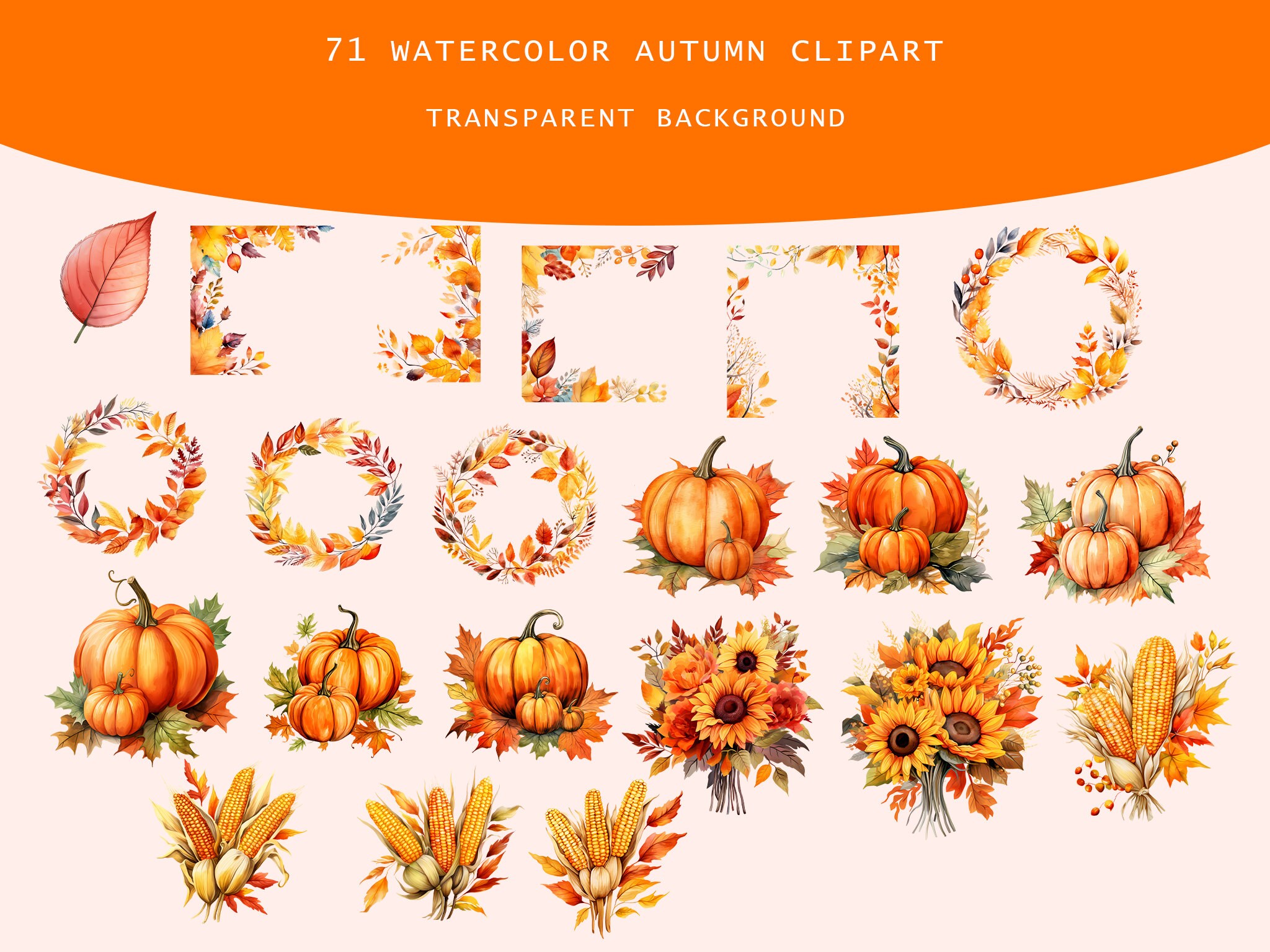 Watercolor Autumn Elements Clipart, Pumpkin Clipart, Autumn Leaves ...